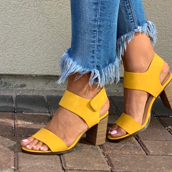 Boutique | Shoes | Nib Sunny Mustard Block Heel Casual Velcro Sandal ...